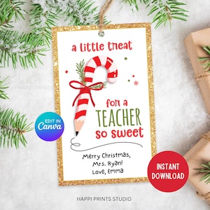 Editable Candy Cane Teacher Christmas Gift Tag, Printable Teacher ...