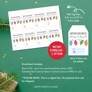 Cute Christmas Gift Tag, Merry and Bright Editable Holiday Gift Tag ...