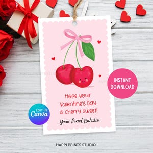 Pink Bow Cherry Valentines Day Card, School Valentine Printable, Cherry ...