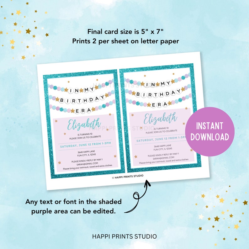 Aqua Invitation in My Birthday Era Printable Invitation, Editable ...