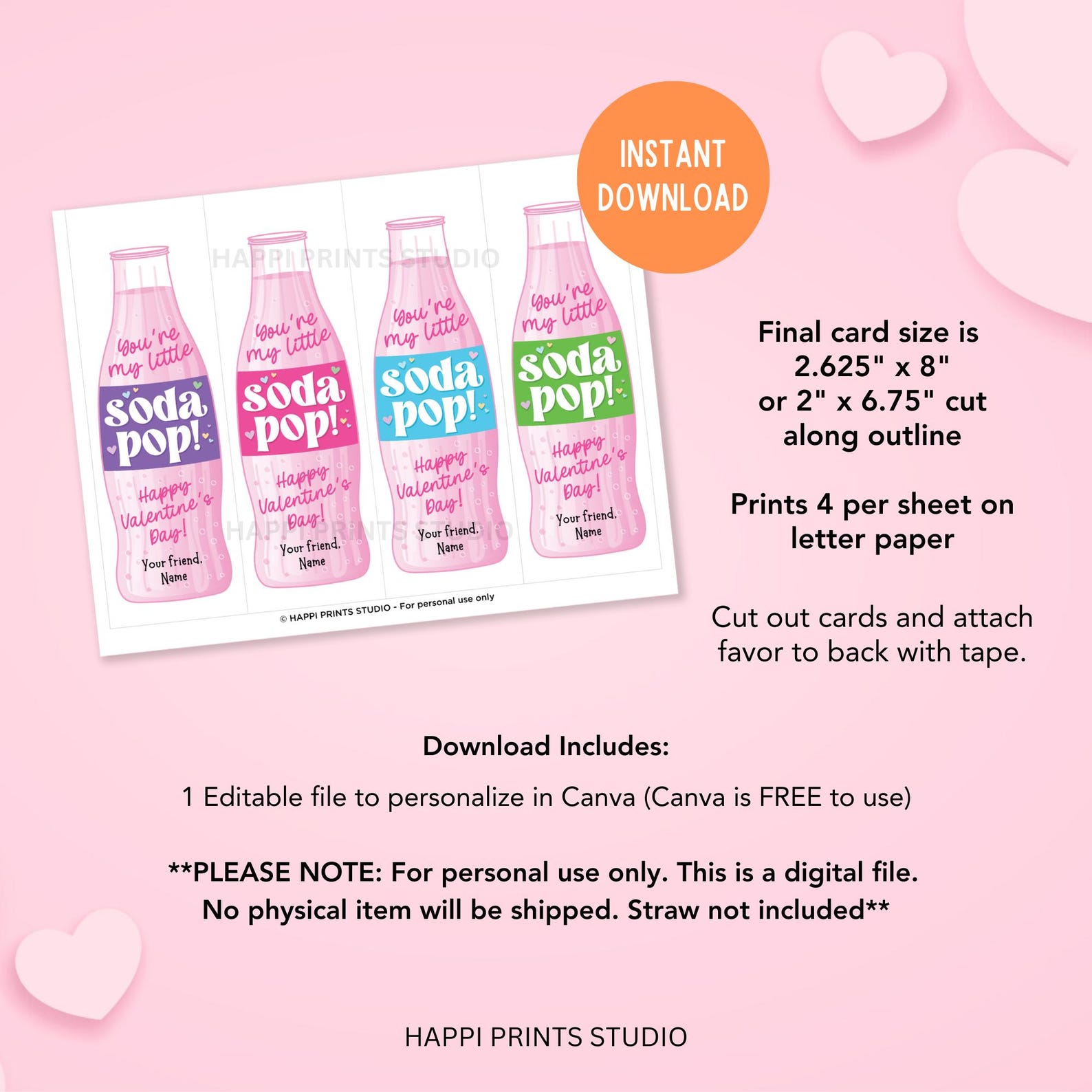 Soda Pop Silly Straw Valentine Printable Card, Crazy Straw Toy Favor ...