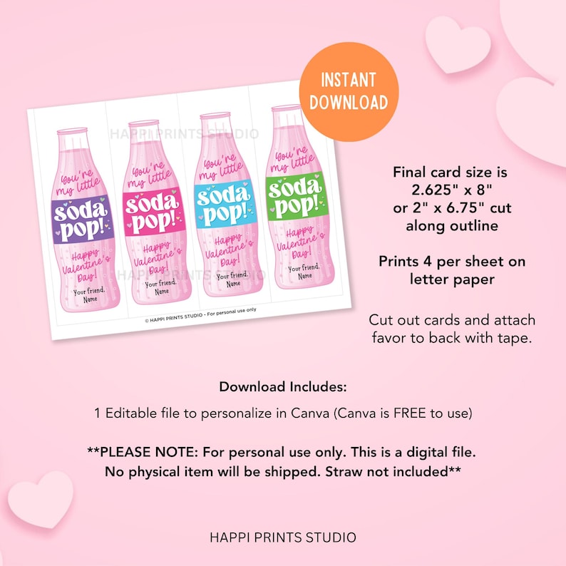 Soda Pop Silly Straw Valentine Printable Card, Crazy Straw Toy Favor ...