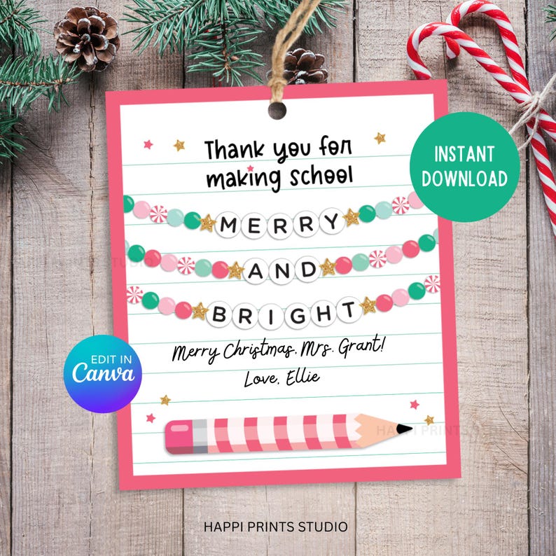 Printable Eras Christmas Friendship Bracelet Teacher Gift Tag, Thank ...
