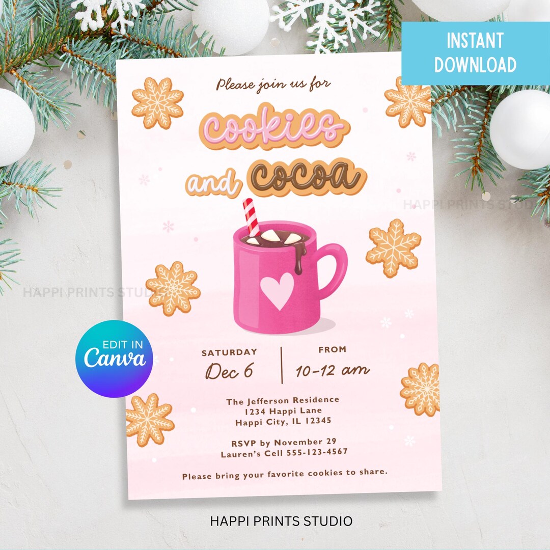 Cookies and Hot Cocoa Party Invitation, Digital Pink Pastel Winter ...