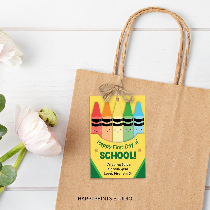 Happy First Day of School Crayon Box Colorful Rainbow Gift Tag, Back to ...