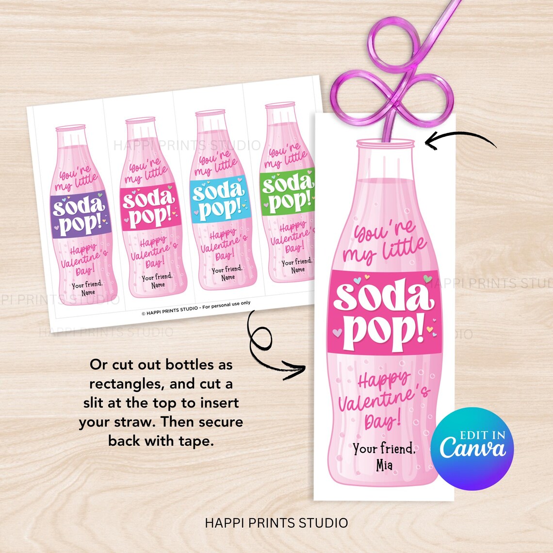Soda Pop Silly Straw Valentine Printable Card, Crazy Straw Toy Favor ...