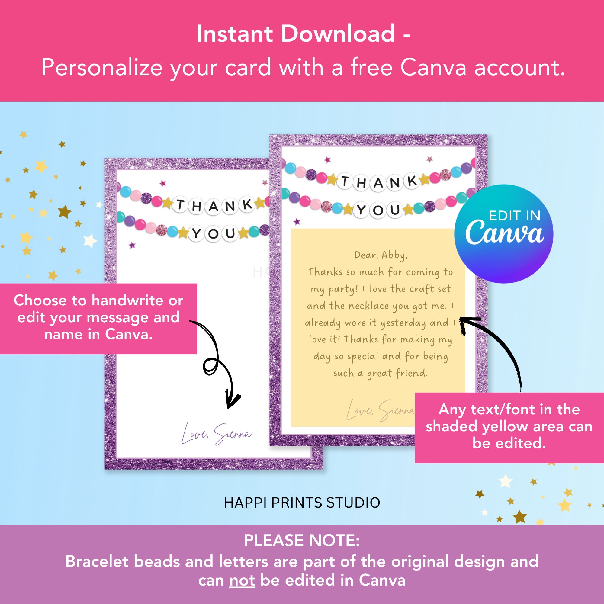 Editable Friendship Bracelet Printable Thank You Card, Thank You Card ...