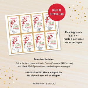 Editable Candy Cane Teacher Christmas Gift Tag, Printable Teacher ...