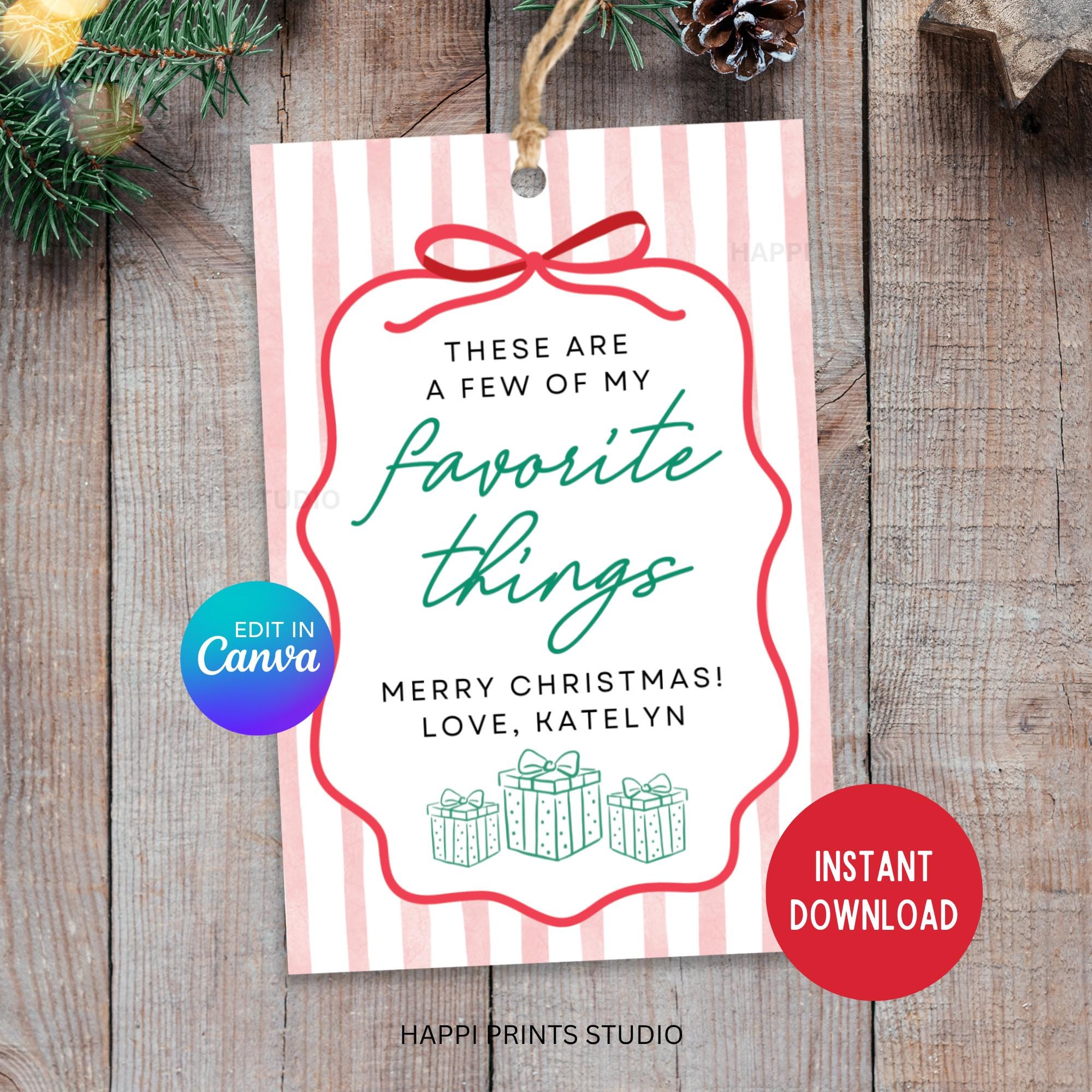 Vintage Stripe Ribbon Favorite Things Printable Gift Tag, Holiday Party ...