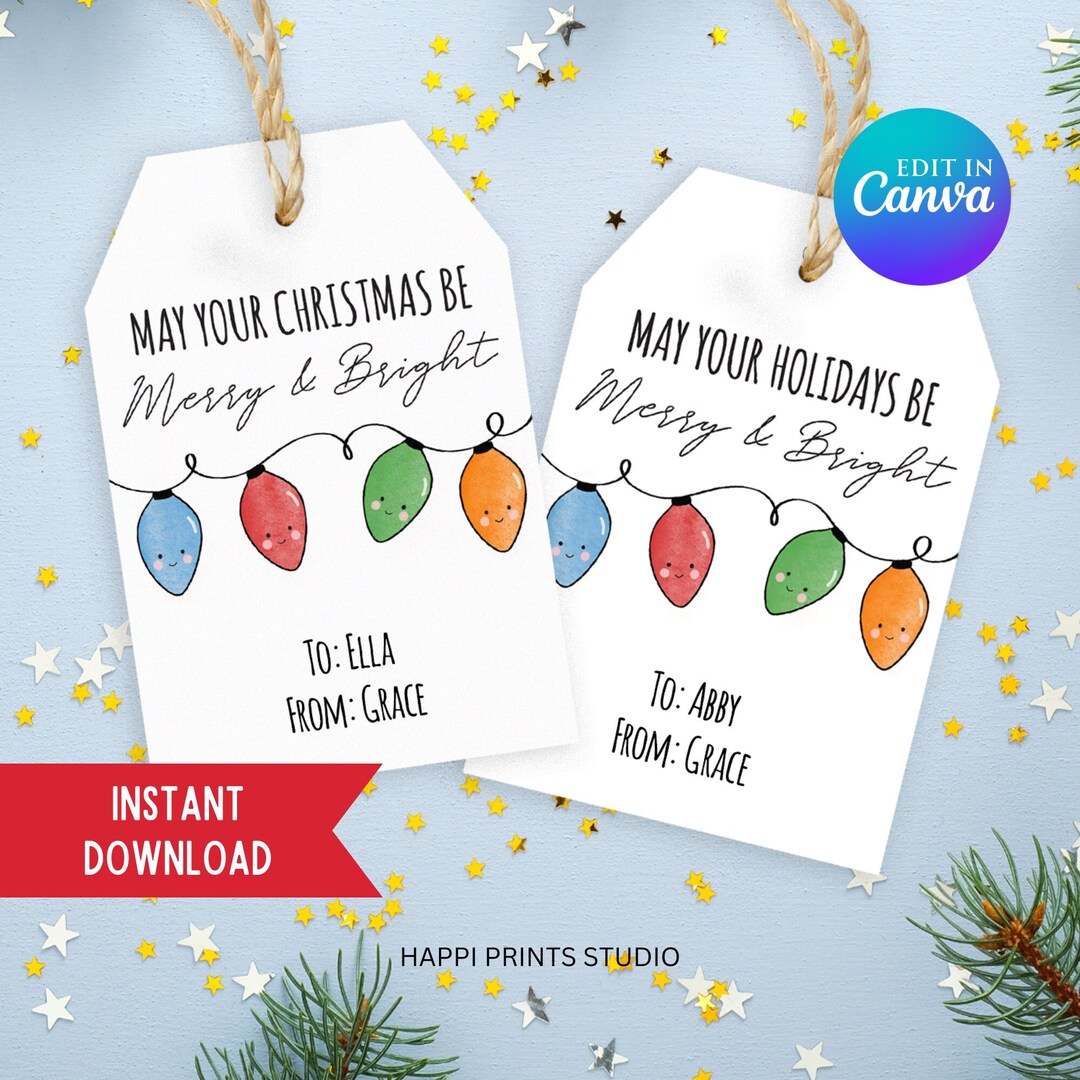 Cute Christmas Gift Tag, Merry and Bright Editable Holiday Gift Tag ...