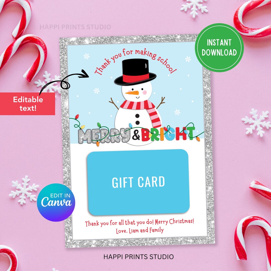 Printable Snowman School Teacher Christmas Gift Card Holder, Merry and ...