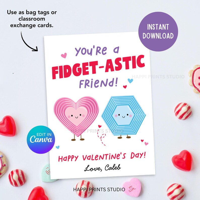 3D Printed Fidget Valentine Tag, Layered Hexagon Fidget Valentine Heart ...
