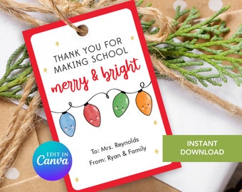 Printable Teacher Christmas Gift Tag, Thank You for Making School Merry ...