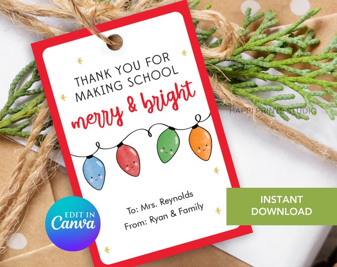 Christmas Thank You Gift Tag Printable for Teacher School Staff ...