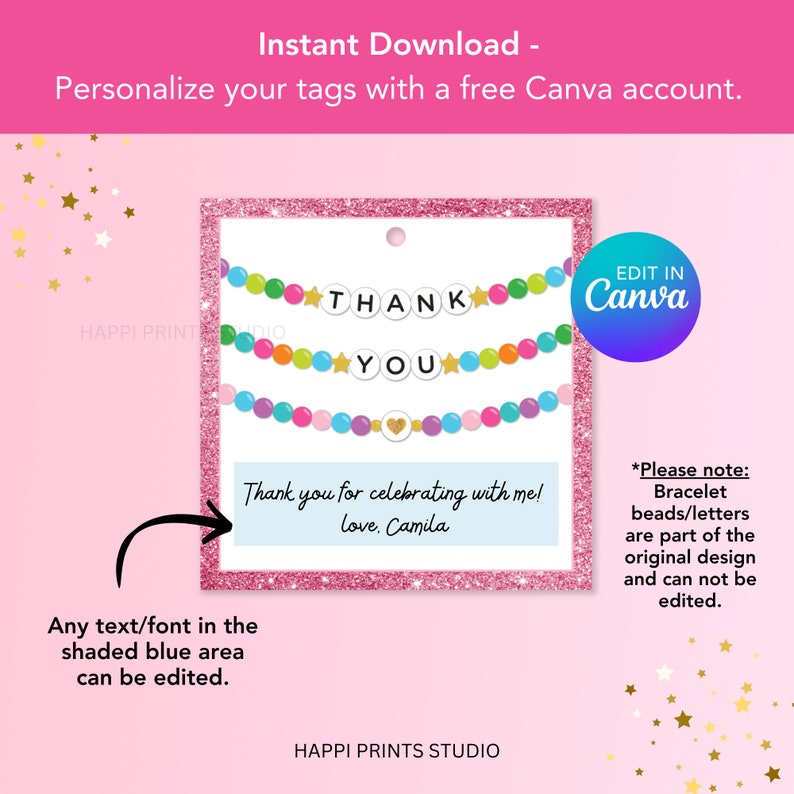 Editable Friendship Bracelet Thank You Tag, Printable Favor Gift Tag ...