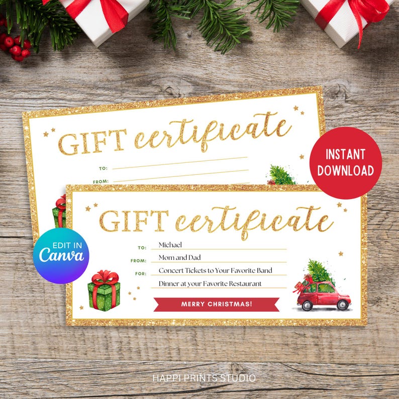 Editable Holiday Gift Certificate Template, Printable Gift Voucher ...