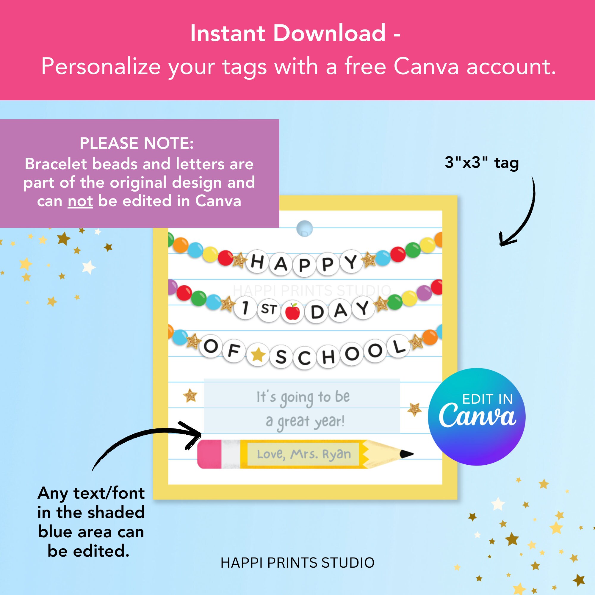 Happy First Day of School Gift Tag, Editable Friendship Bracelet ...