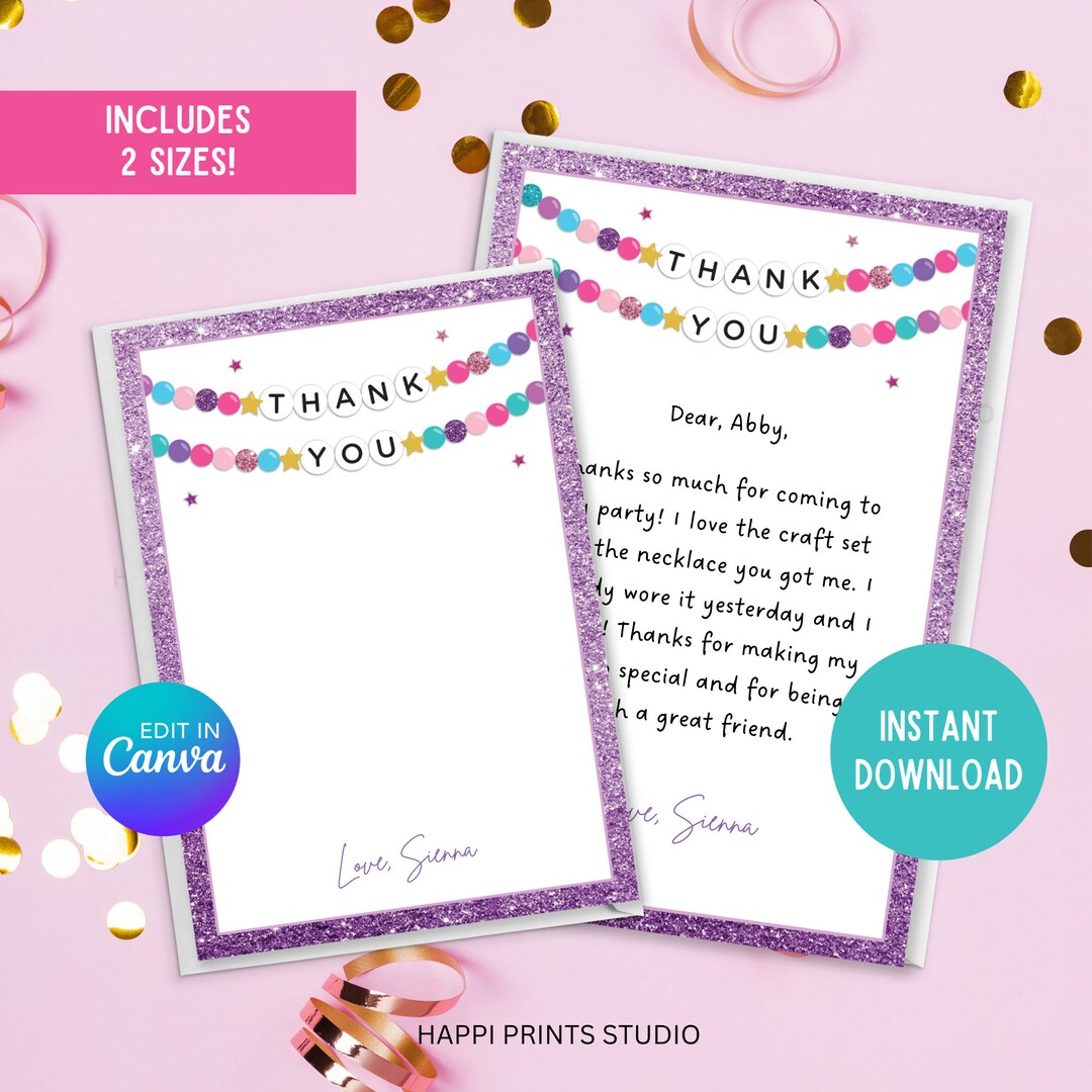 Editable Friendship Bracelet Printable Thank You Card, Thank You Card ...