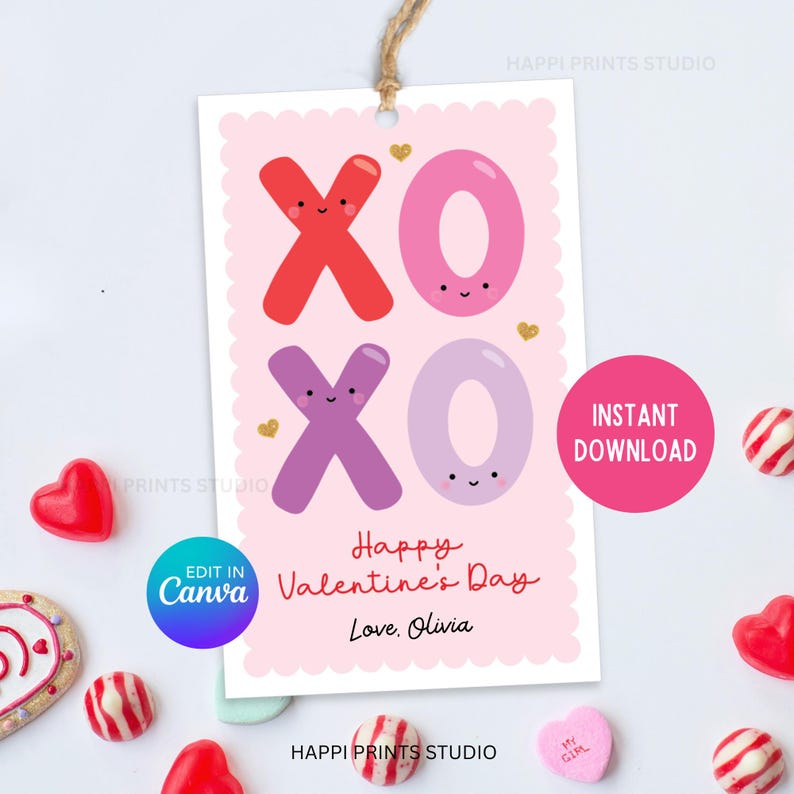XOXO Valentine Tag, Hugs and Kisses Valentines Day Card, School ...