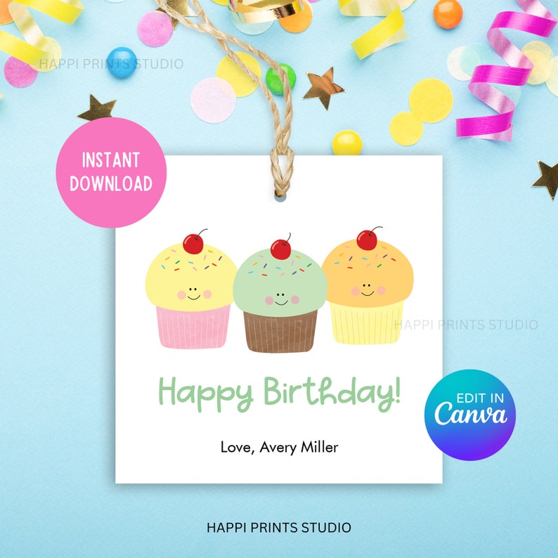 Happy Birthday Gift Tag, Cupcake Gift Tag, Kid Printable Gift Tag ...