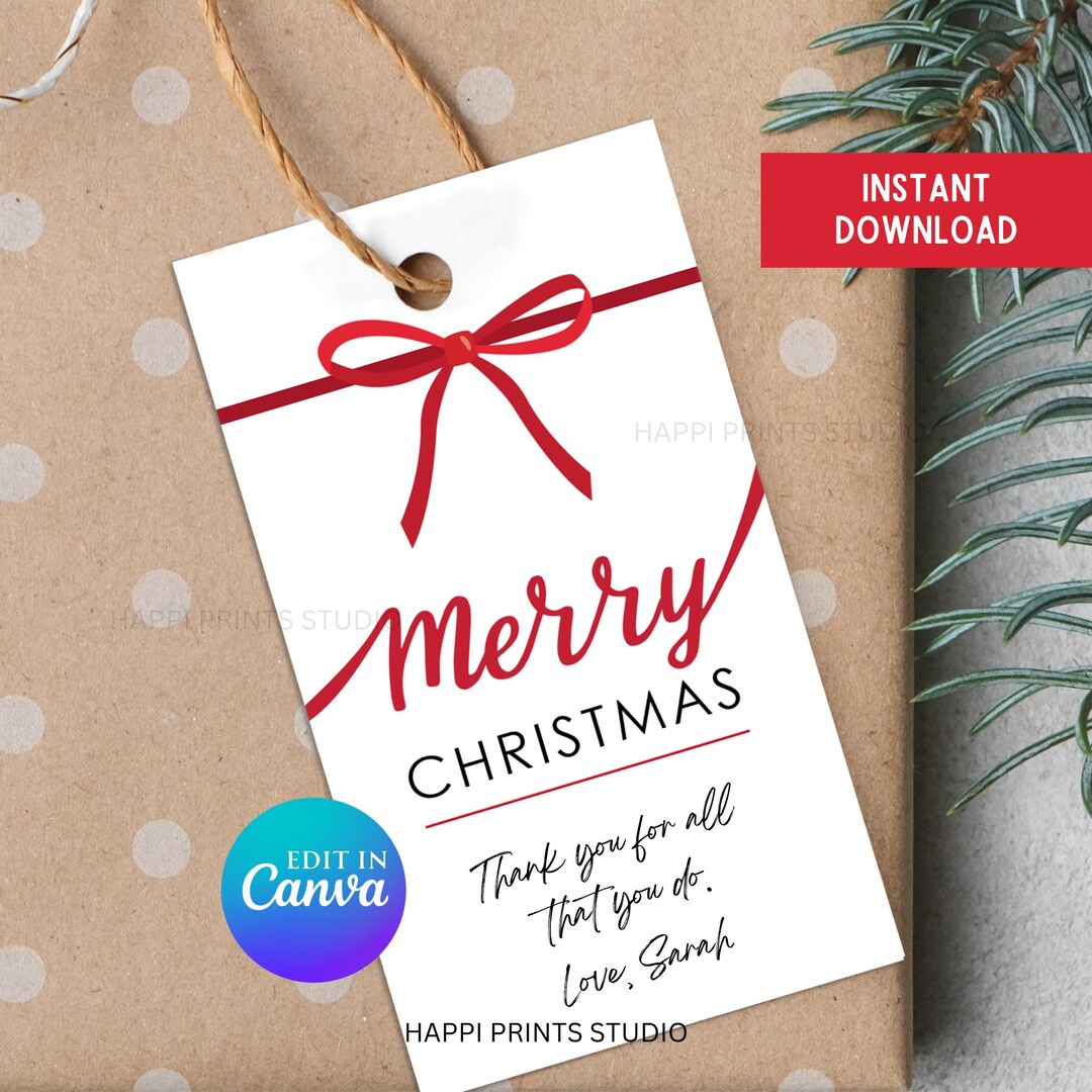 Printable Red Ribbon Christmas Gift Tag, Red Bow Modern Tag, Minimalist ...