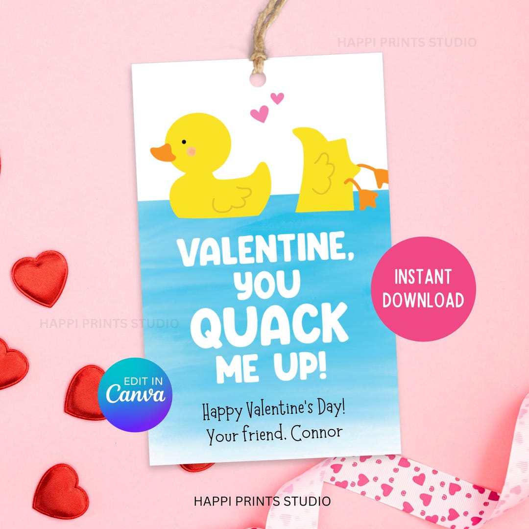 Rubber Duck Valentine's Tag, You Quack Me up Classroom Valentine ...