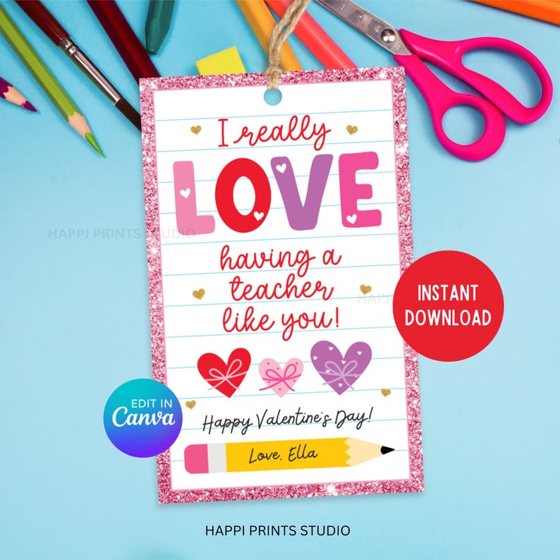 Teacher Valentine Gift Tag, Heart Bow Teacher Pencil Favor Tag for ...