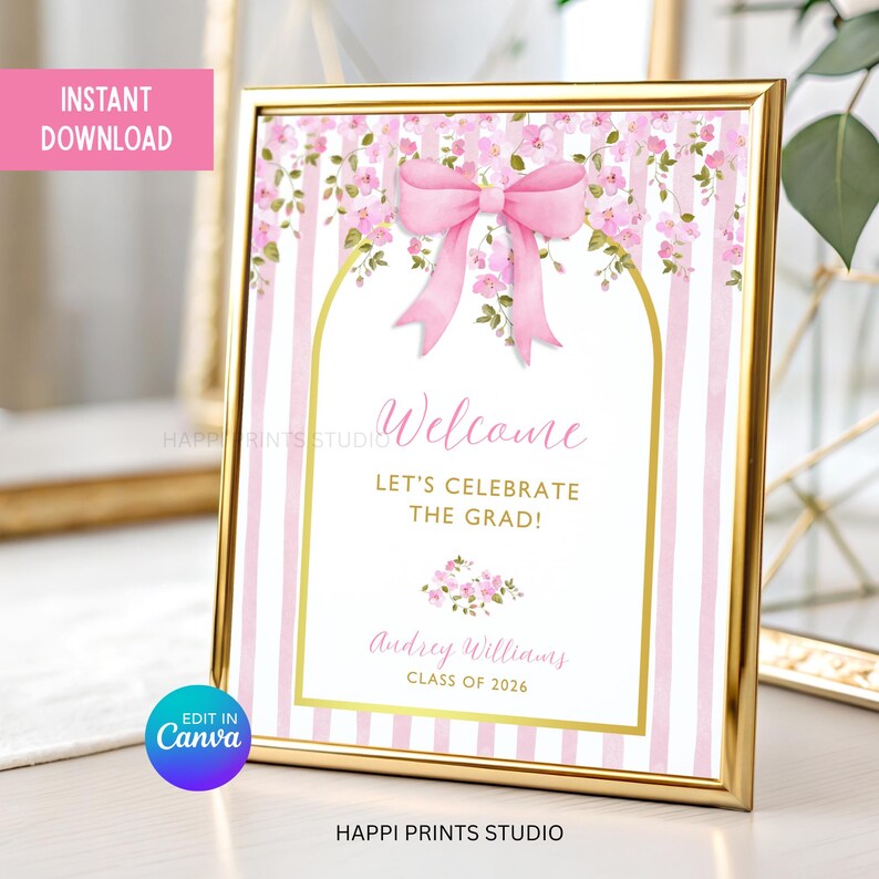 Floral Pink Bow Graduation Party Decor Signs, 8x10 Printable Table Sign ...