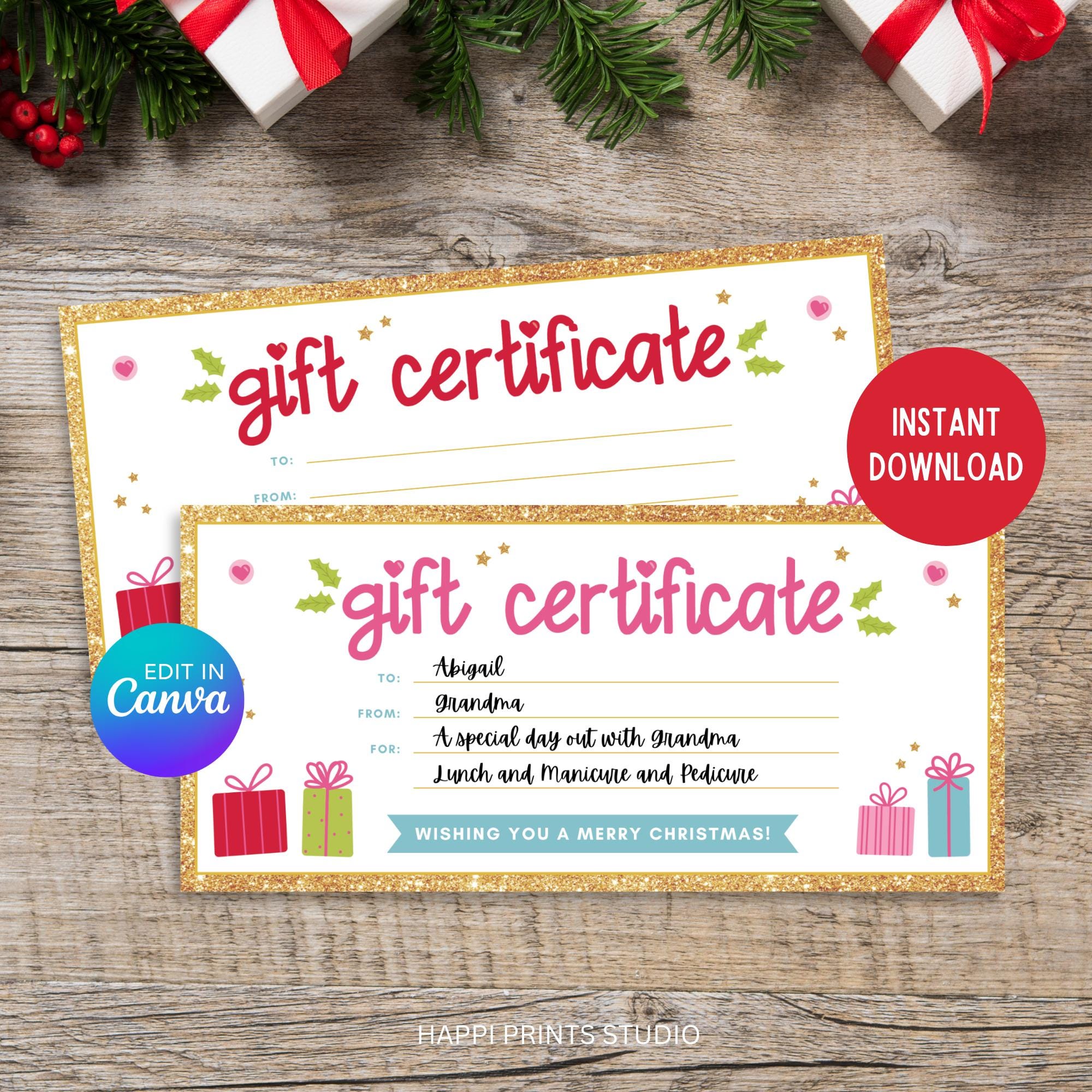 Editable Christmas Gift Certificate Template, Printable Gift Voucher ...