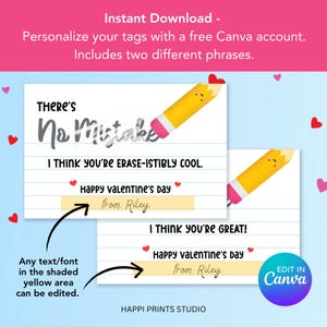 Pencil Eraser Valentine Classroom Exchange Card, Eraser Favor Tag ...