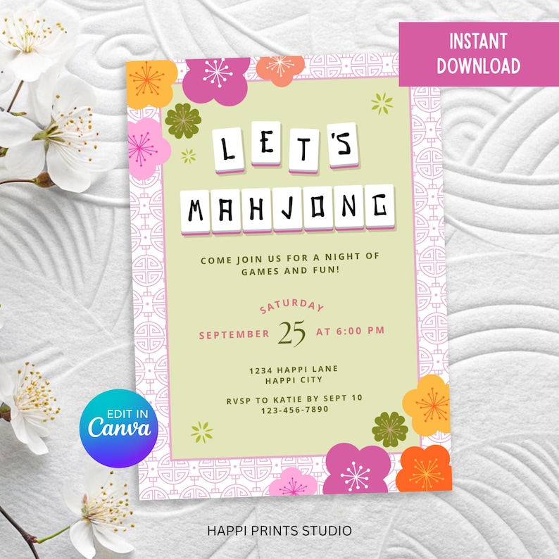 Let's Mahjong Party Digital Invitation, Editable Mahjong Game Night ...