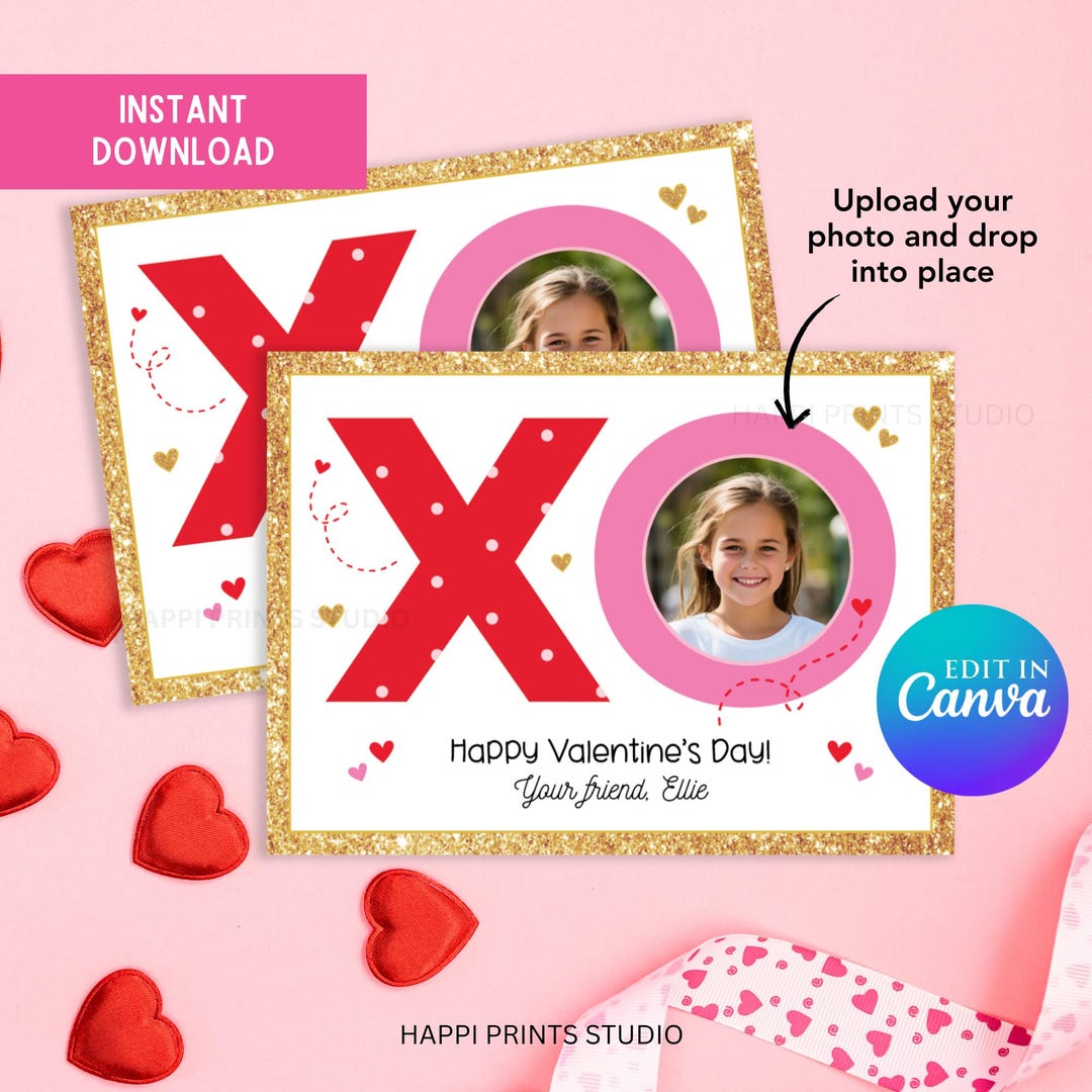 Photo Valentine Class Exchange Card, XOXO Valentine Tag, Girl Photo ...