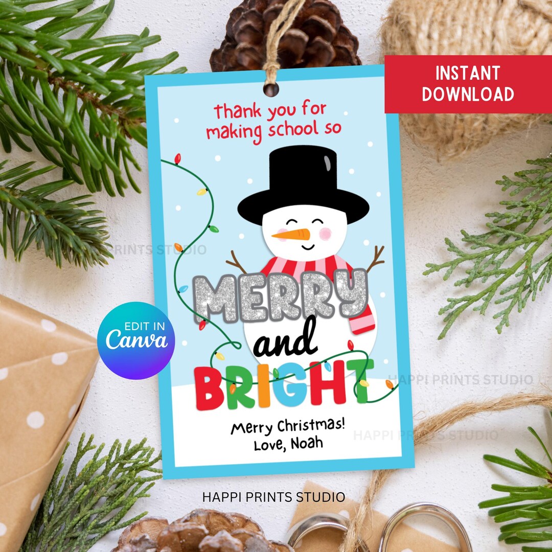 Making School Merry and Bright Gift Tag, Snowman Teacher Christmas Gift ...