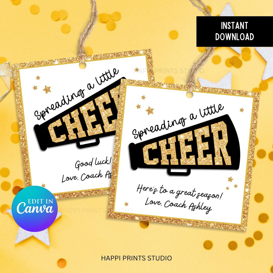 Black Yellow Gold Glitter Cheer Gift Tag, Editable Cheerleader ...