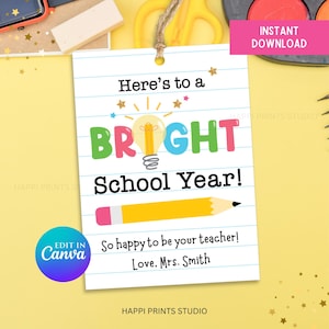 Here's to a Bright School Year Tag, Back to School Light Bulb Pencil ...