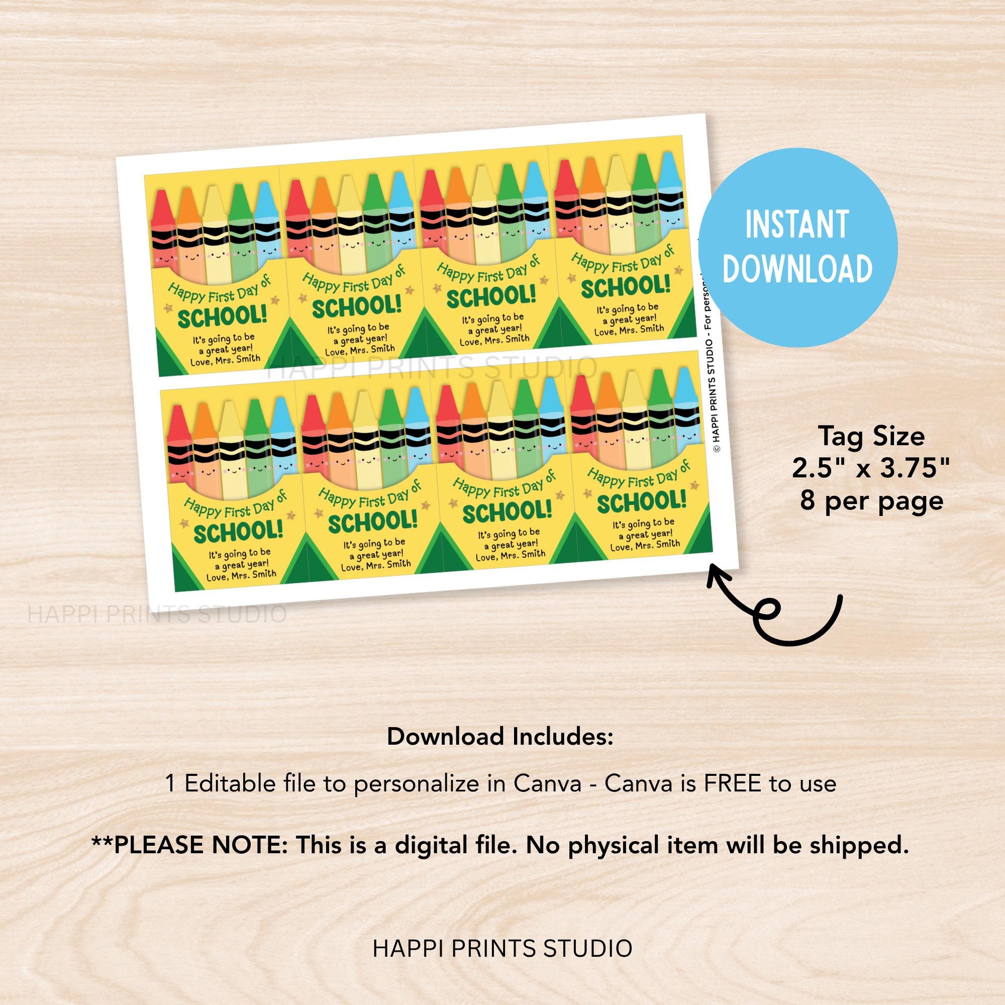 Happy First Day of School Crayon Box Colorful Rainbow Gift Tag, Back to ...