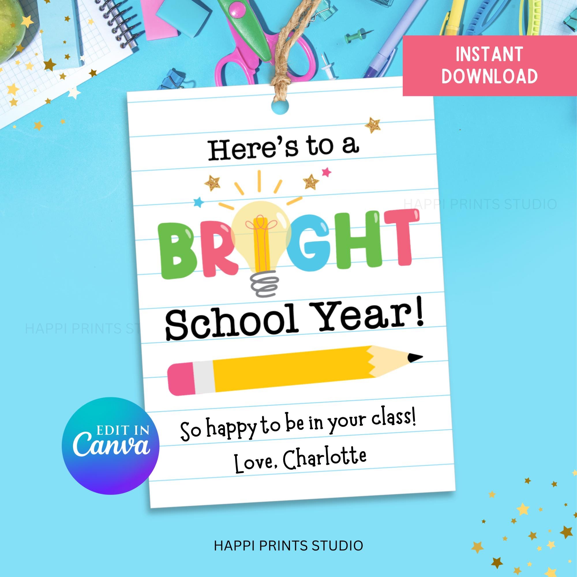 Here's to a Bright School Year Tag, Back to School Light Bulb Pencil ...