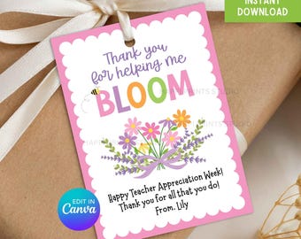 Printable Teacher Appreciation Flower Gift Tag | "thank You for Helping ...