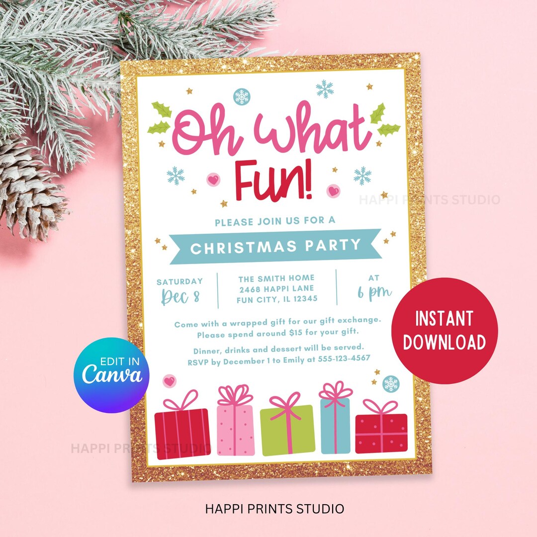 Oh What Fun Christmas Party Invitation, Editable Christmas Gift ...