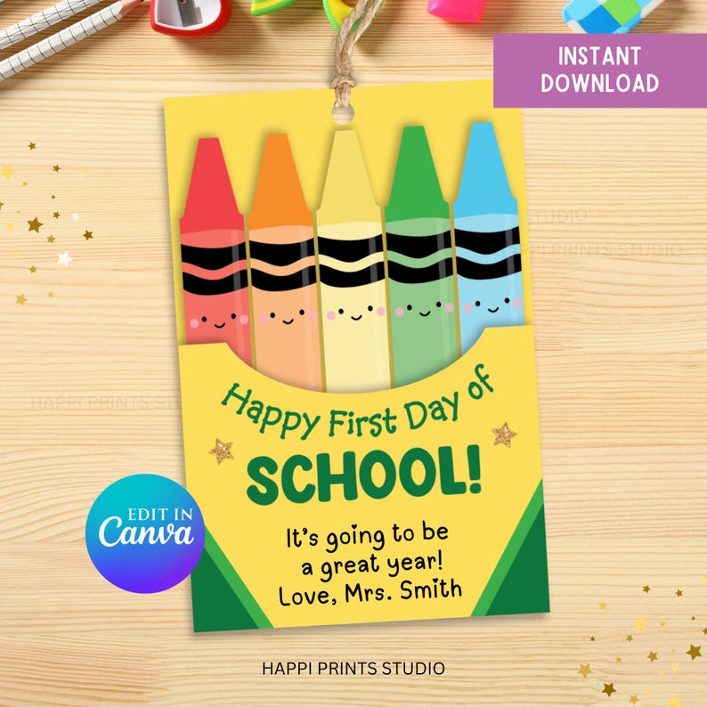 Happy First Day of School Crayon Box Colorful Rainbow Gift Tag, Back to ...
