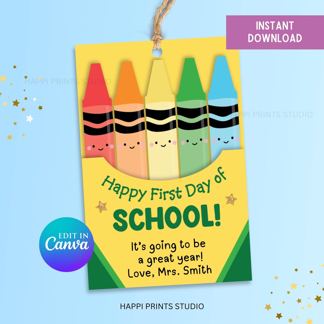 Happy First Day of School Crayon Box Colorful Rainbow Gift Tag, Back to ...