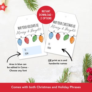 Cute Christmas Gift Tag, Merry and Bright Editable Holiday Gift Tag ...