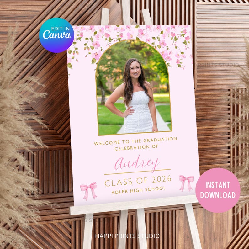 Floral Pink Ribbon Bow Graduation Party Welcome Sign, Printable Photo ...