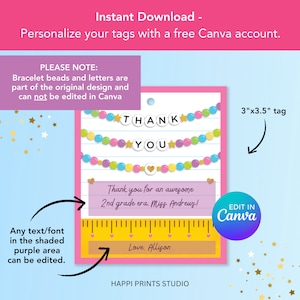 Teacher Friendship Bracelet Thank You Gift Tag, Editable Teacher Era ...
