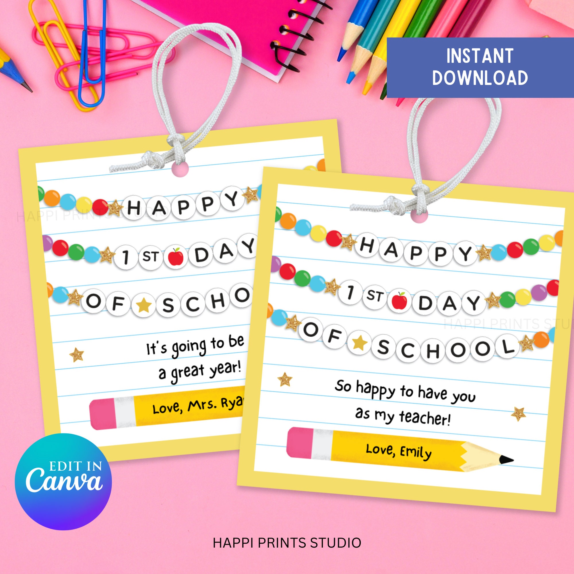 Happy First Day of School Gift Tag, Editable Friendship Bracelet ...