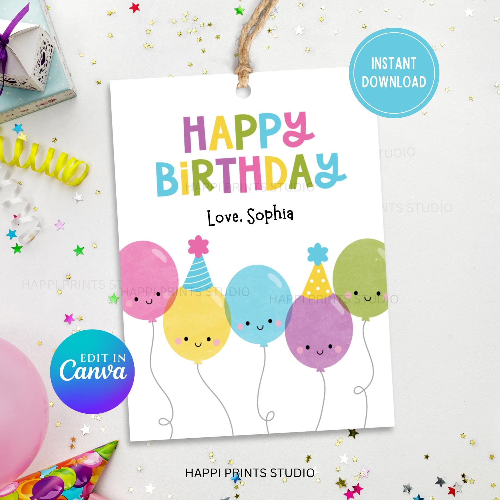 Editable Happy Birthday Printable Gift Tag, Cute Kid Birthday Balloon ...