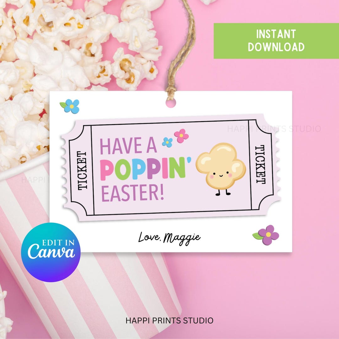 Popcorn Easter Printable Tag, Movie Ticket Popcorn Easter Basket ...