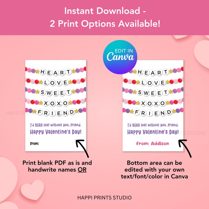 Friendship Bracelet Valentine Card, Valentine Classroom Exchange, Bead ...