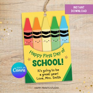 Happy First Day of School Crayon Box Colorful Rainbow Gift Tag, Back to ...