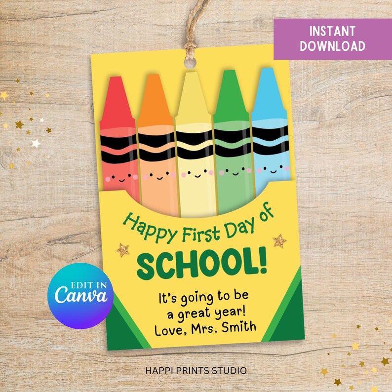 Happy First Day of School Crayon Box Colorful Rainbow Gift Tag, Back to ...